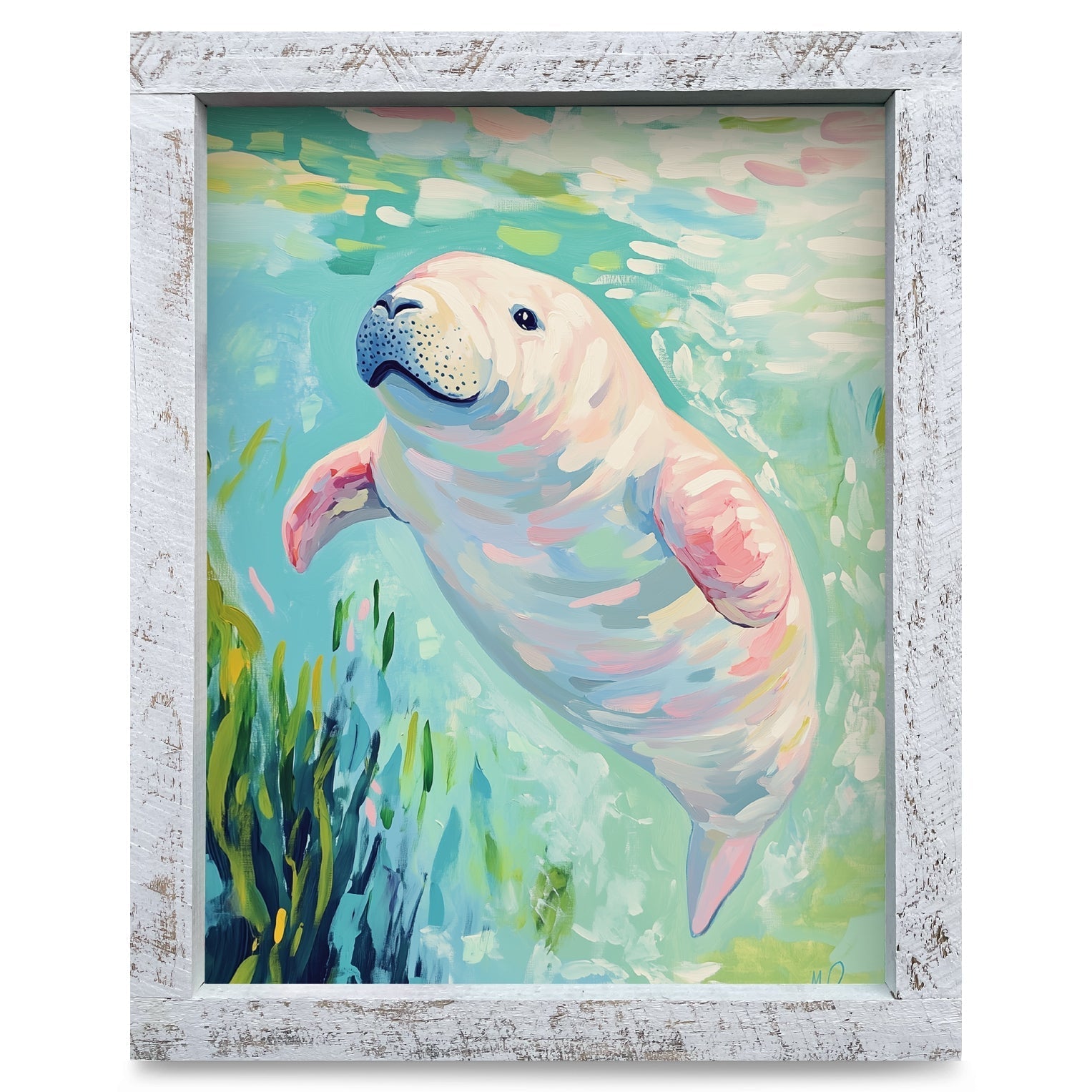 Happy Manatee | Real Wood Framed Wall Art Print – Mill Wood Art