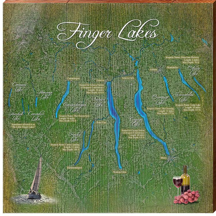Finger Lakes Map Home Decor Art Print on Real Wood – Mill Wood Art