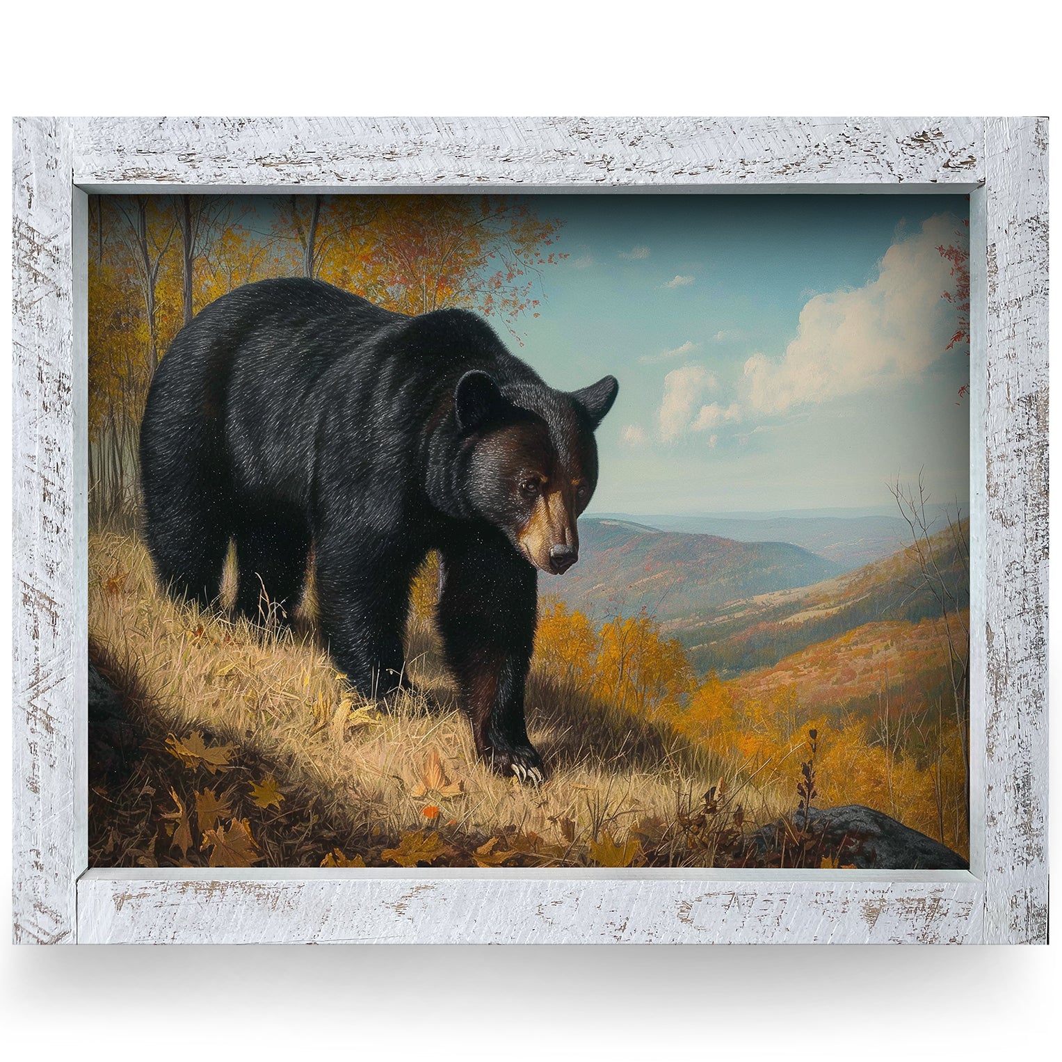 Black Bear Fall Mountains | Real Wood Framed Wall Art Print – Mill Wood Art