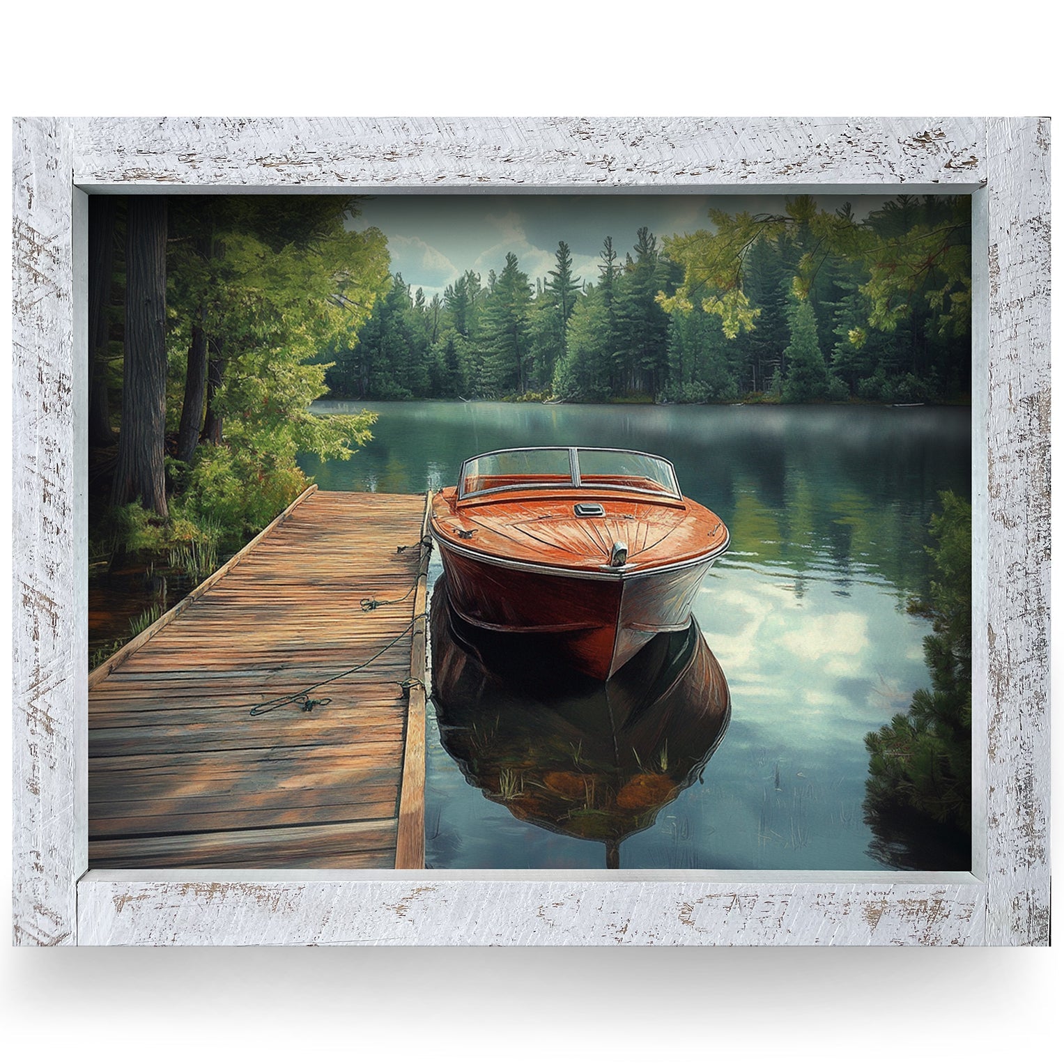 Classic Wooden Boat Docked | Real Wood Framed Wall Art Print – Mill ...