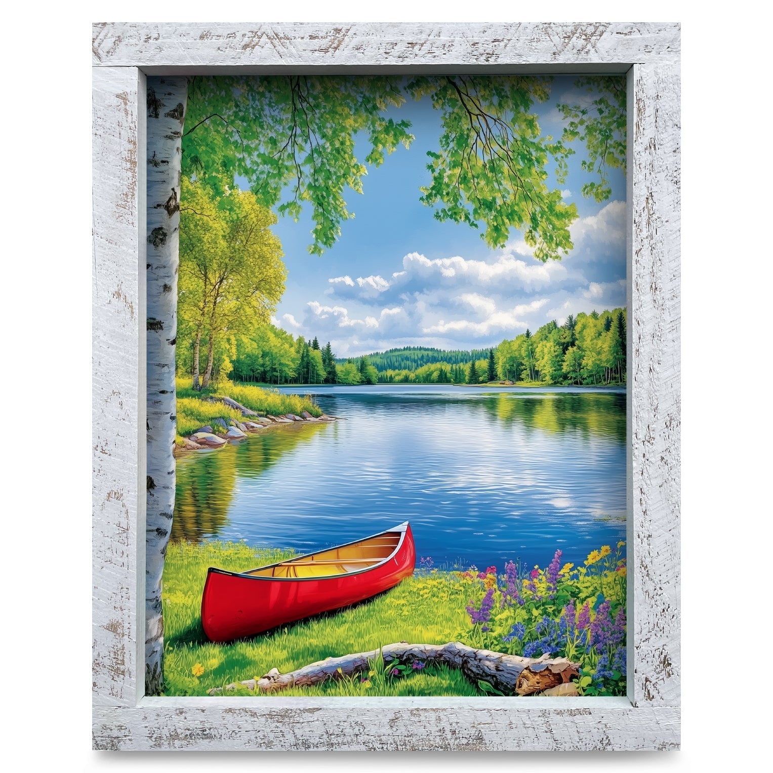 Colorful Lake Canoe Scene | Real Wood Framed Wall Art Print – Mill Wood Art