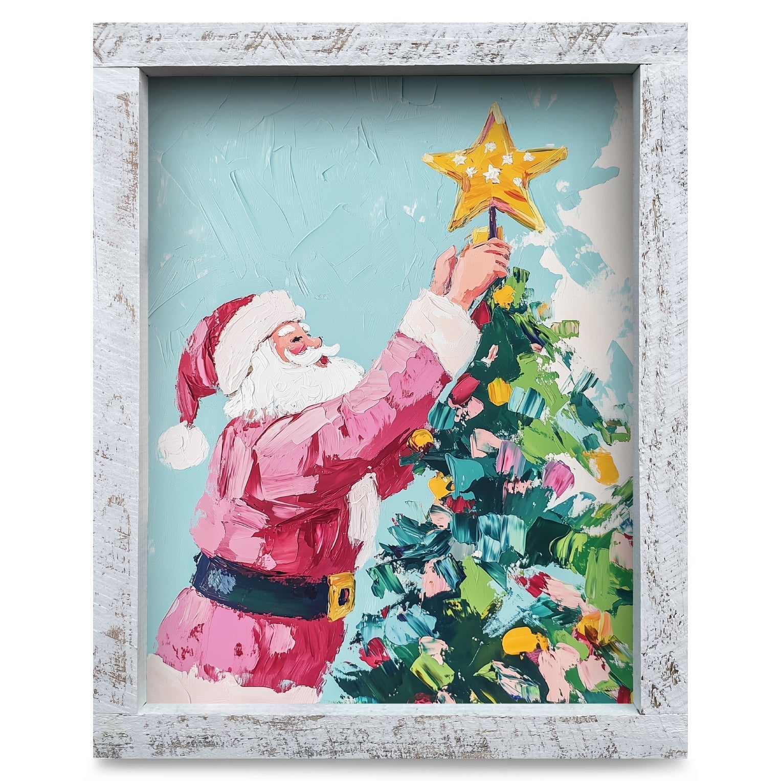 Santa Topping the Tree | Real Wood Framed Wall Art Print – Mill Wood Art