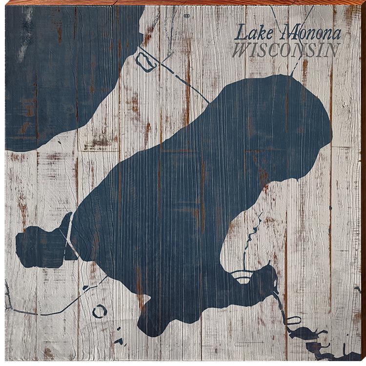 Lake Monona, Wisconsin Navy & White Shabby Map | Wall Art Print on Rea ...