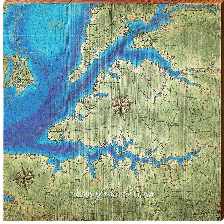 Sassafras River Map | Wall Art Print on Real Wood | Delaware Maryland ...